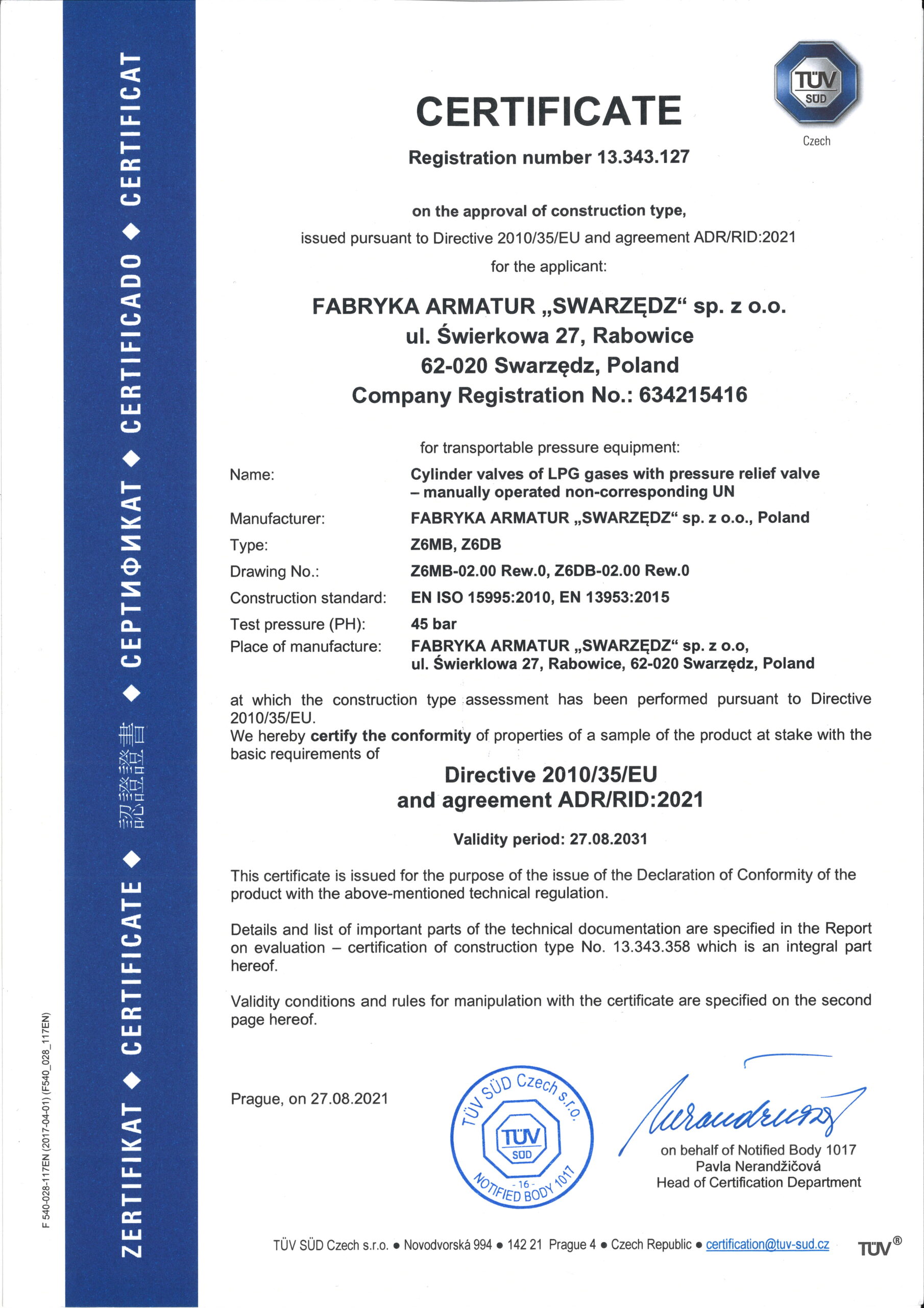 Gas cylinder valves - Fabryka Armatur Swarzędz